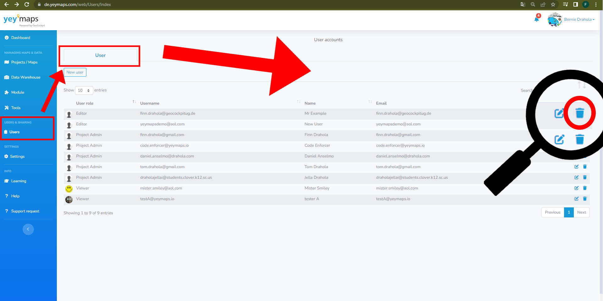 Deleting or Transferring a User - yey'maps knowledge base